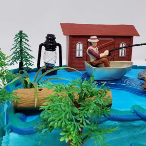 Gone Fishing Fisherman Themed Birthday Cake Topper Set Featuring Camping Angler in Boat with Decorative Themed Accessories