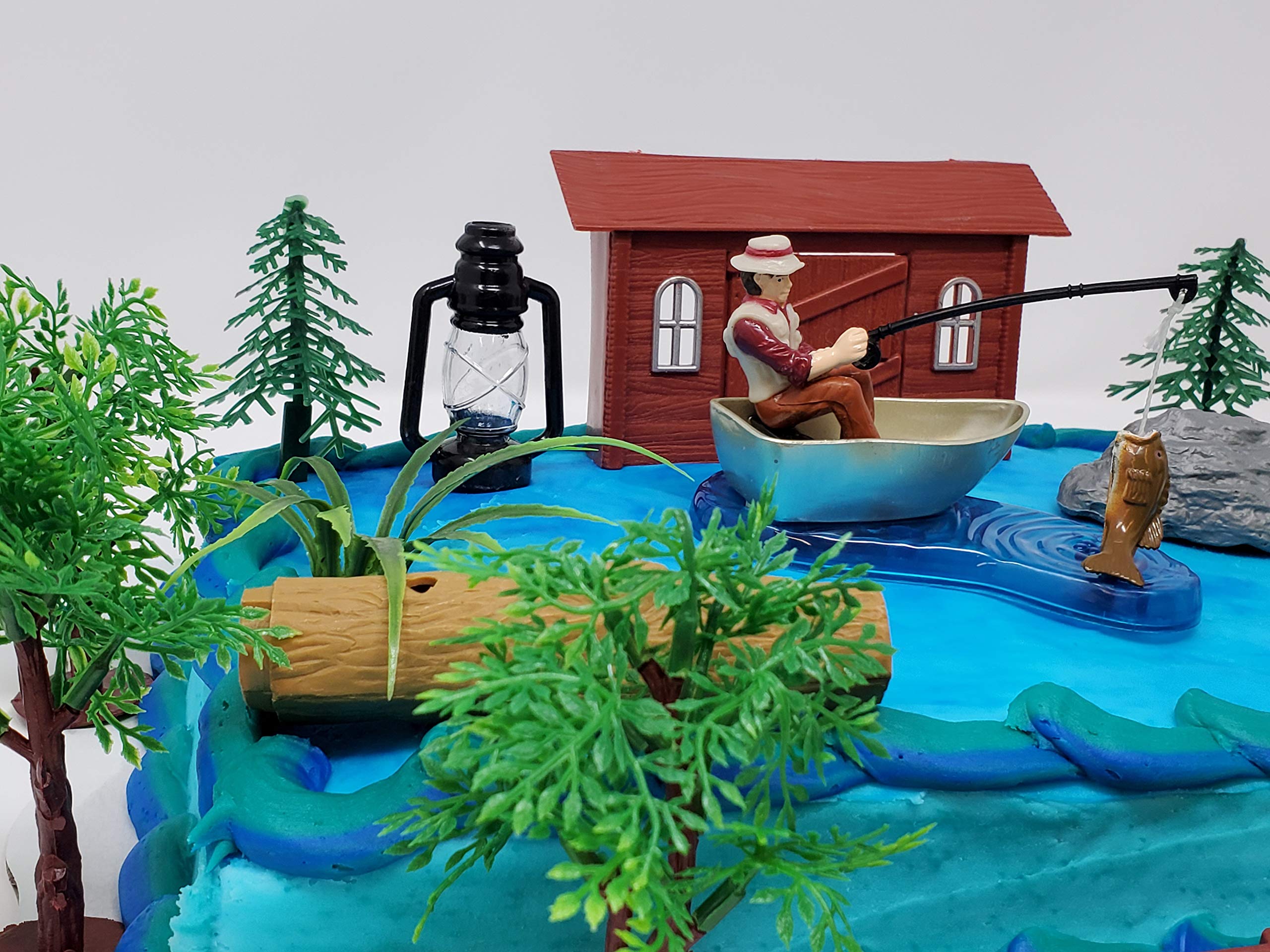 Gone Fishing Fisherman Themed Birthday Cake Topper Set Featuring Camping Angler in Boat with Decorative Themed Accessories