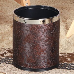 trash can luxury double layer leather with stainless steel ring metal waste bin 10l garbage container dustbin case for hotel office (vintage)