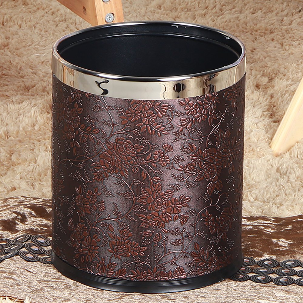 Trash Can Luxury Double Layer Leather with Stainless Steel Ring Metal Waste bin 10L Garbage Container Dustbin case for Hotel Office (Vintage)