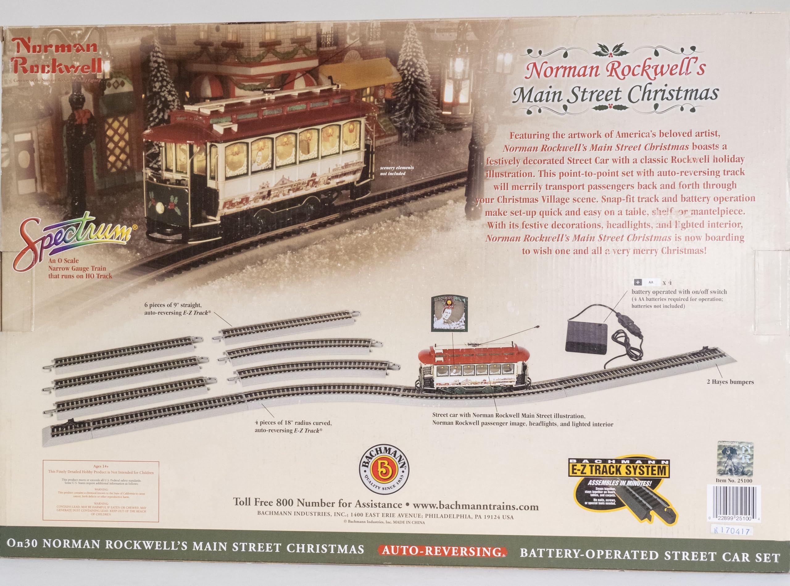 Bachmann Trains - Norman Rockwell's Main Street Christmas Battery Operated Auto Reversing Village Streetcar Set - On30 Scale - Runs on HO Track