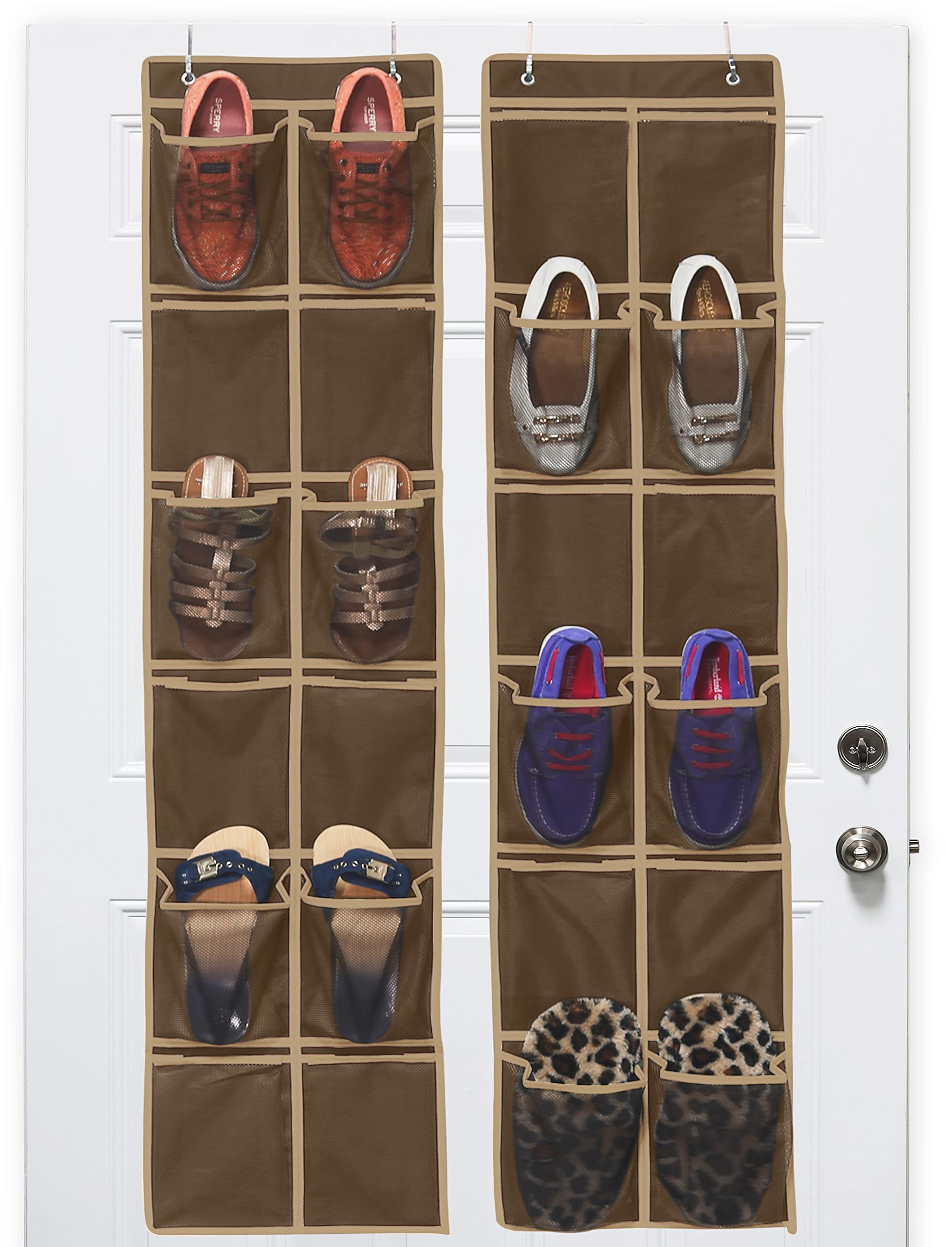 Simple Houseware 24 Pockets - 2-Pack 12 Large Mesh Pocket Over Door Hanging Shoe Organizer, Brown