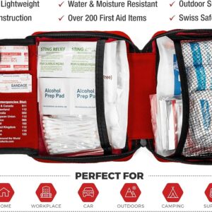 Swiss Safe 2-in-1 First Aid Kit for Car, Travel & Home, Businesses - Bonus Mini Kit for Medical Emergency Aid, Survival, Camping - FSA & HSA Eligible - 200 Pcs, Medium FAK