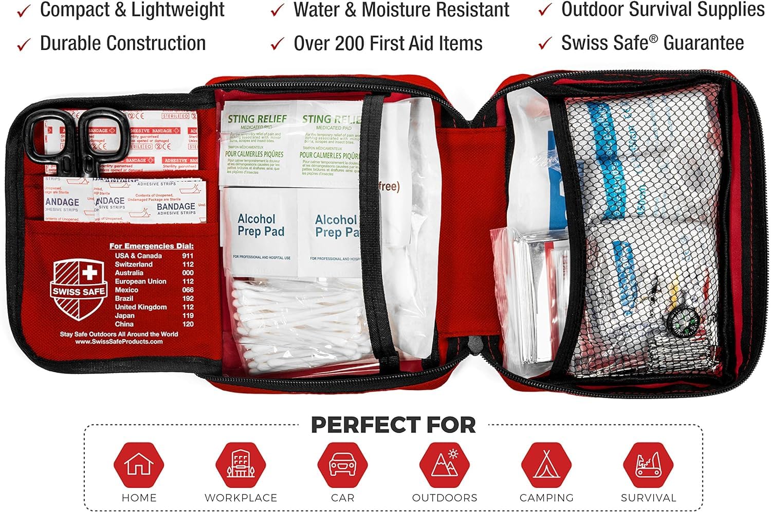 Swiss Safe 2-in-1 First Aid Kit for Car, Travel & Home, Businesses - Bonus Mini Kit for Medical Emergency Aid, Survival, Camping - FSA & HSA Eligible - 200 Pcs, Medium FAK