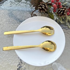 Stainless Steel Salad Server Set 9.7 inch Length Salad Spoon and Fork, Set of 2 Kitchen Utensils (Gold)