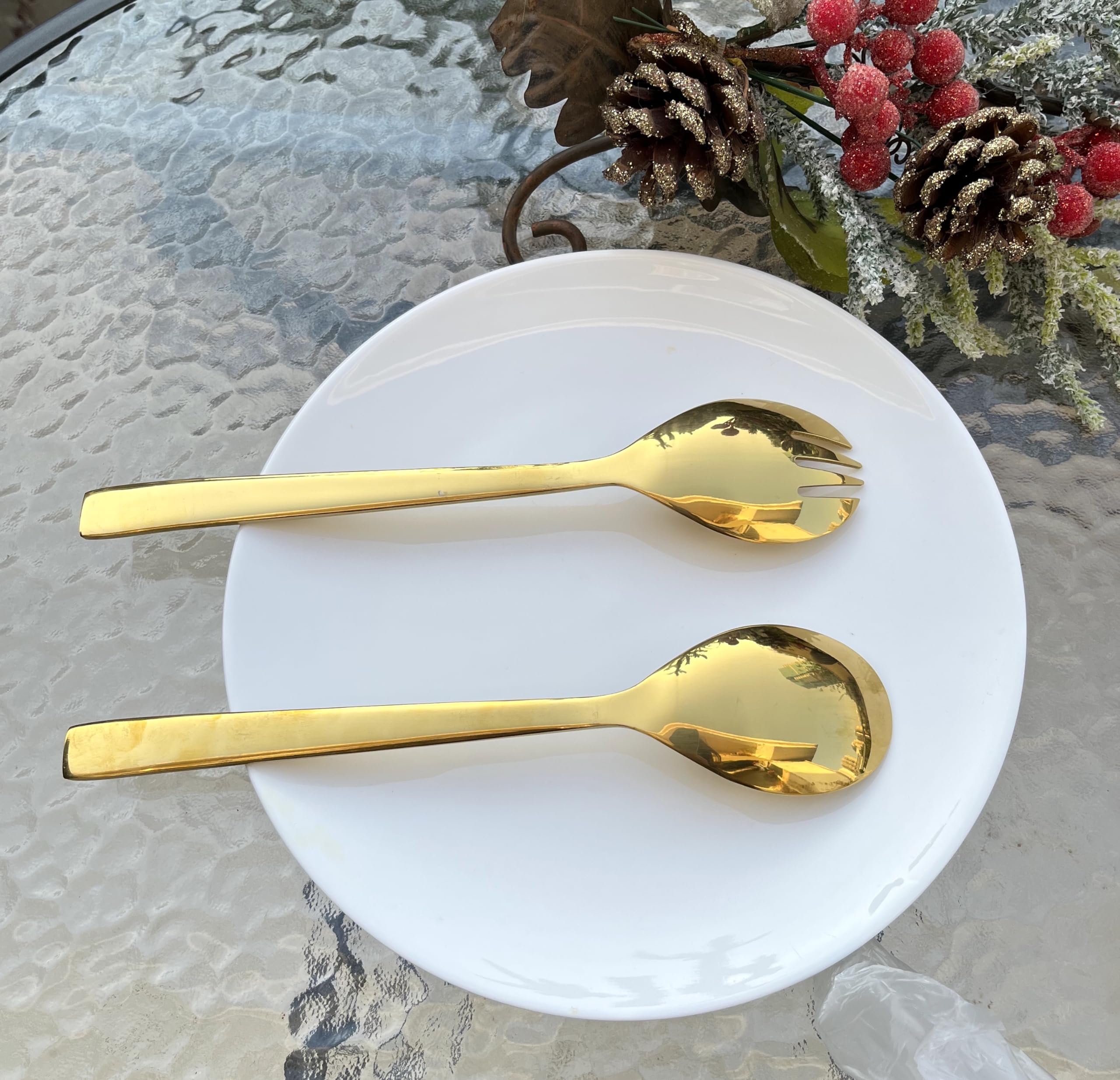 Stainless Steel Salad Server Set 9.7 inch Length Salad Spoon and Fork, Set of 2 Kitchen Utensils (Gold)