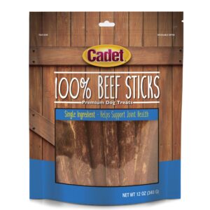 cadet beef sticks dog treats - long-lasting, healthy & natural beef esophagus treats for small & large dogs, low calorie & high protein dog chews (12 oz.)