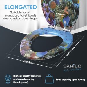 Sanilo Soft Close Toilet Seat ELONGATED, Quiet and Slow Close Lid and Seat, Strong Bumpers and Hinges, Ocean