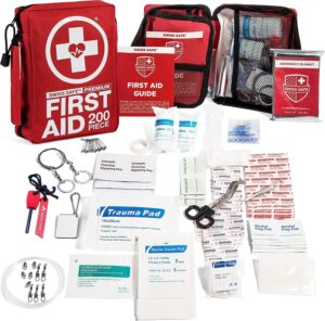 swiss safe 2-in-1 first aid kit for car, travel & home, businesses - bonus mini kit for medical emergency aid, survival, camping - fsa & hsa eligible - 200 pcs, medium fak