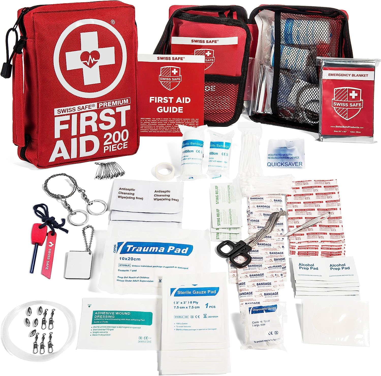 Swiss Safe 2-in-1 First Aid Kit for Car, Travel & Home, Businesses - Bonus Mini Kit for Medical Emergency Aid, Survival, Camping - FSA & HSA Eligible - 200 Pcs, Medium FAK