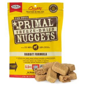 primal freeze dried raw dog food nuggets, rabbit, complete & balanced meal, also use as topper or treat, premium, healthy, grain free, high protein raw dog food, 5.5 oz