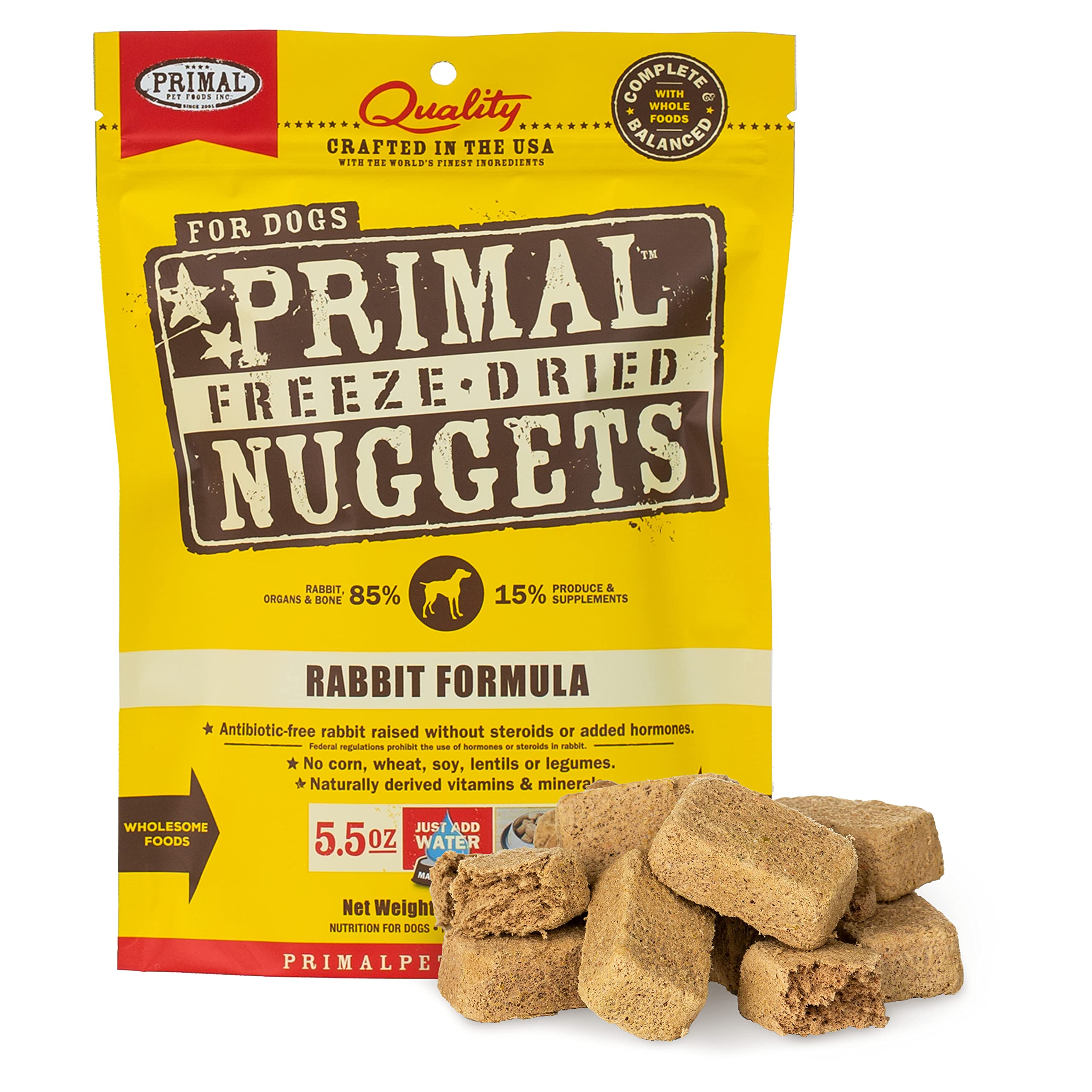 Primal Freeze Dried Raw Dog Food Nuggets, Rabbit, Complete & Balanced Meal, Also Use as Topper or Treat, Premium, Healthy, Grain Free, High Protein Raw Dog Food, 5.5 oz