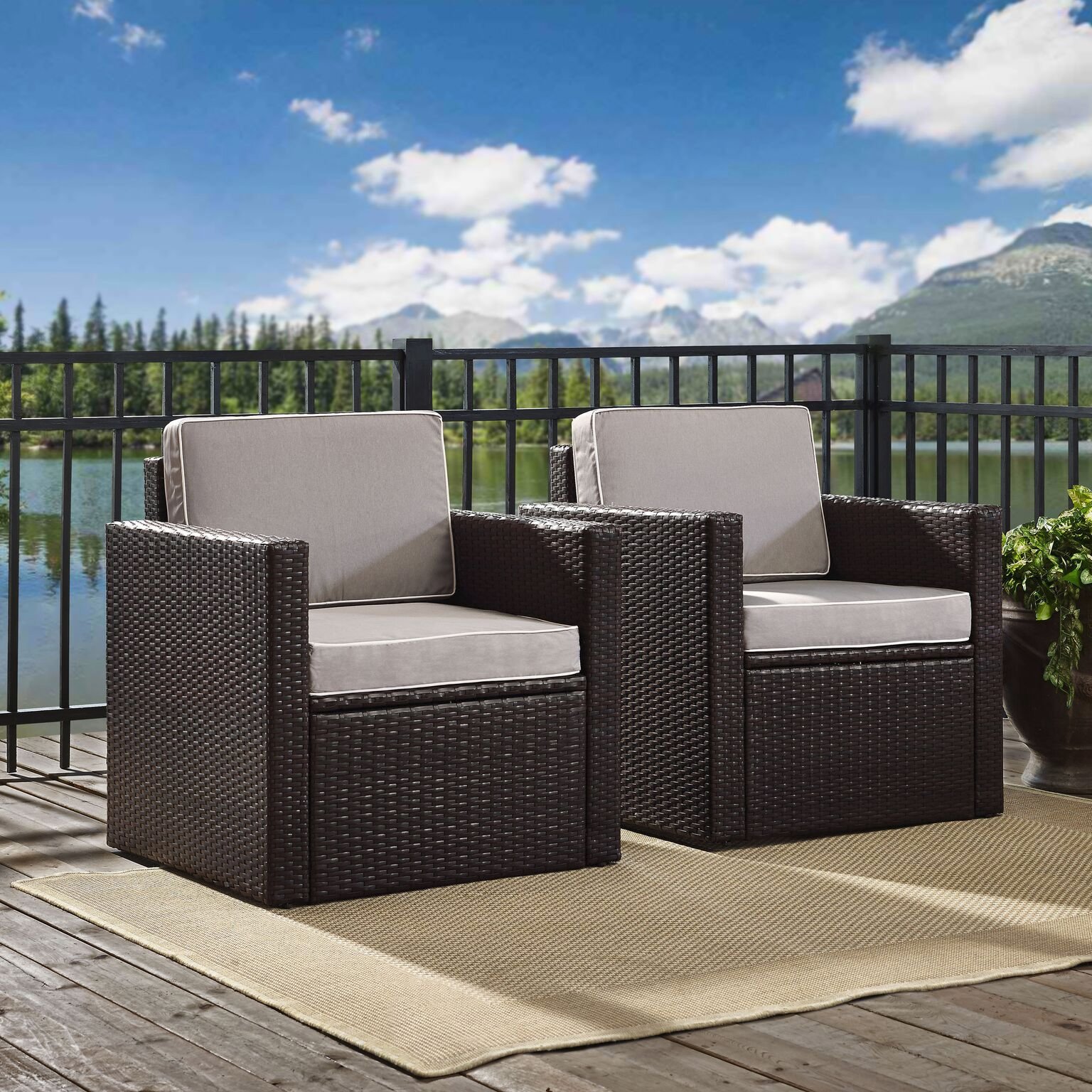 Crosley Furniture Palm Harbor 2-Piece Outdoor Chair Set, Wicker Patio Chairs for Conversation, Porch, Deck, Brown with Gray Cushions