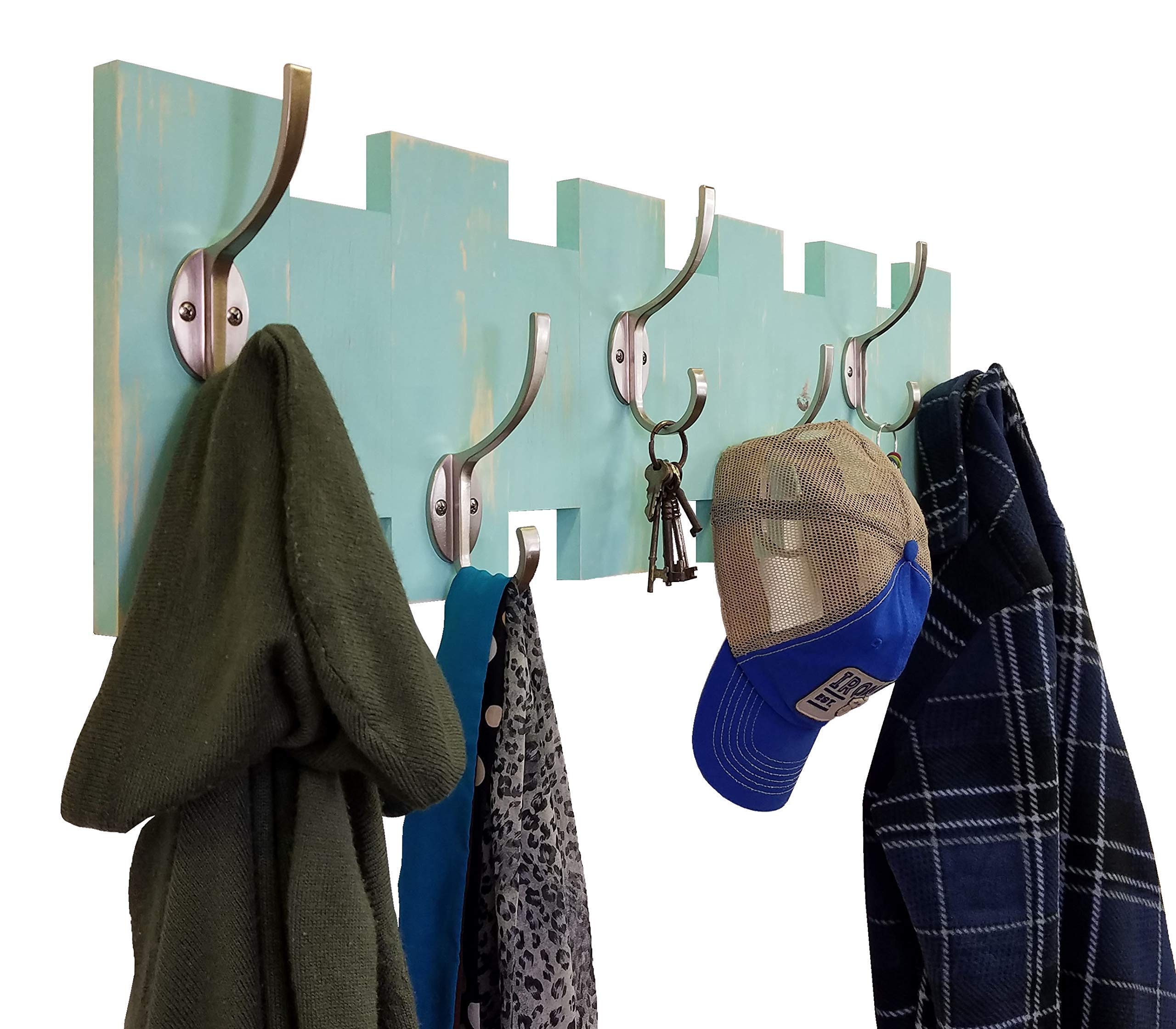 Easton Wall Mounted Hooks, Coat Hooks, Towel Hooks, Key Hook, Wood Coat Rack, Entryway Storage, Heavy Duty Double Hooks - 20 Colors, 4 Sizes - Shown In Sea Blue