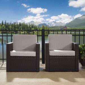 Crosley Furniture Palm Harbor 2-Piece Outdoor Chair Set, Wicker Patio Chairs for Conversation, Porch, Deck, Brown with Gray Cushions