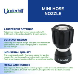 Underhill Magnum-Mini Garden Water Hose Nozzle, Sprayer, 3/4-Inch Thread Inlet, Jet Attachment, Heavy-Duty Metal and Rubber, Adjustable, NG350