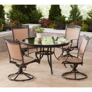 Hanover Fontana 5-Piece Outdoor Dining Set with Tan PVC Sling Swivel Rocker Chairs and 47" Round Glass-Top Outdoor Table, Patio Dining Set for 4, Weather Resistant Patio Furniture for Backyard & Deck