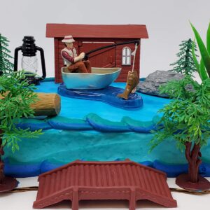 Gone Fishing Fisherman Themed Birthday Cake Topper Set Featuring Camping Angler in Boat with Decorative Themed Accessories