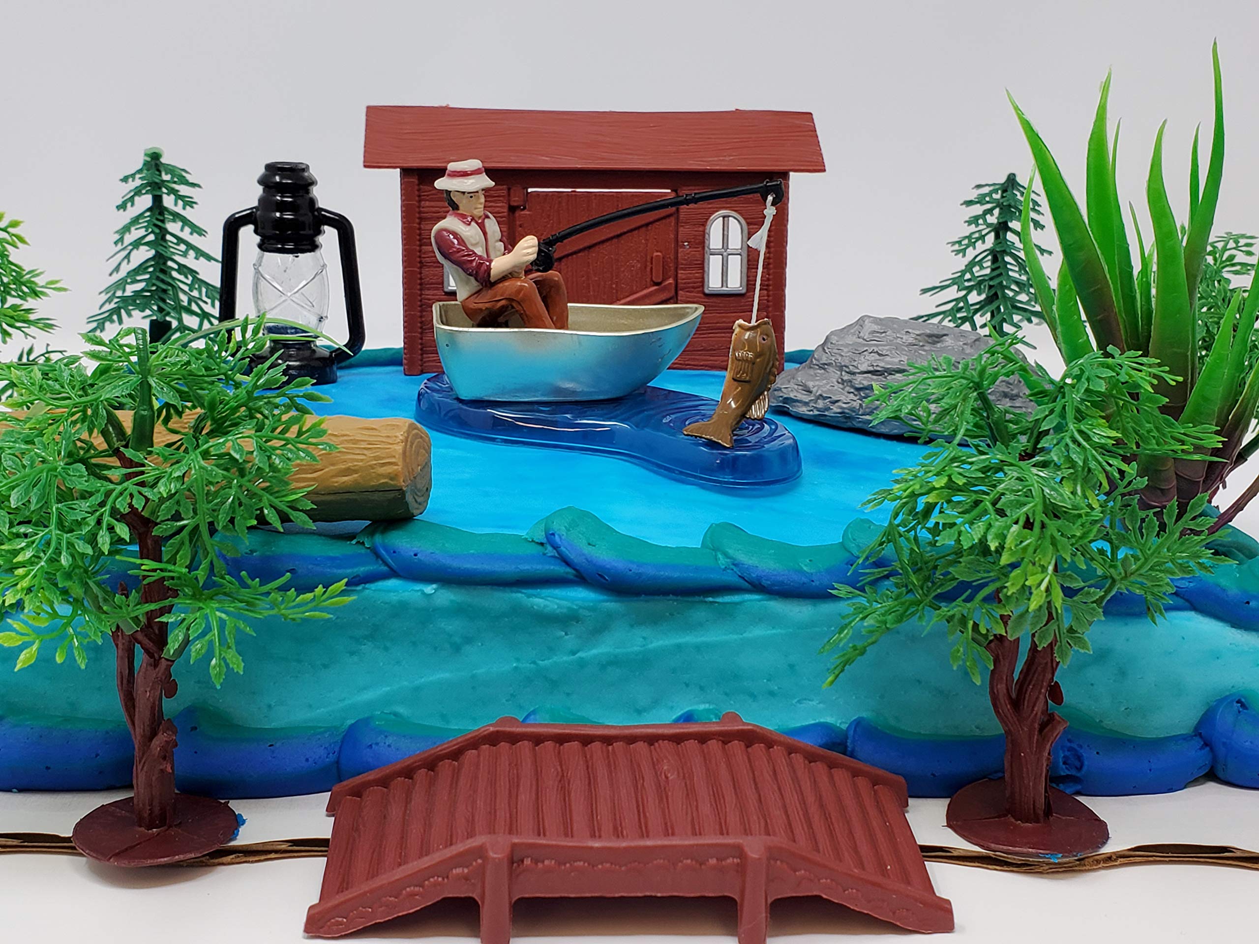 Gone Fishing Fisherman Themed Birthday Cake Topper Set Featuring Camping Angler in Boat with Decorative Themed Accessories