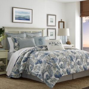 tommy bahama - queen duvet cover set, soft cotton bedding with matching shams, tropical home decor with solid reverse (raw coast blue, queen)