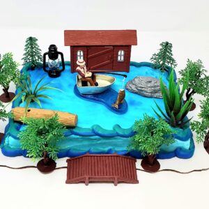 Gone Fishing Fisherman Themed Birthday Cake Topper Set Featuring Camping Angler in Boat with Decorative Themed Accessories