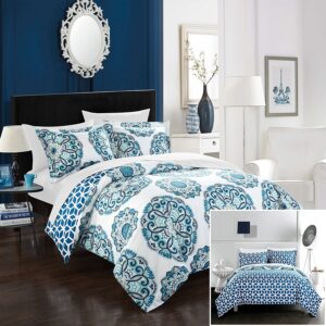 chic home blue reversible bed in a bag duvet cover set, full/queen size (3 piece), ibiza - medallion boho pattern microfiber bedding with geometric printed backing - duvet & pillow shams