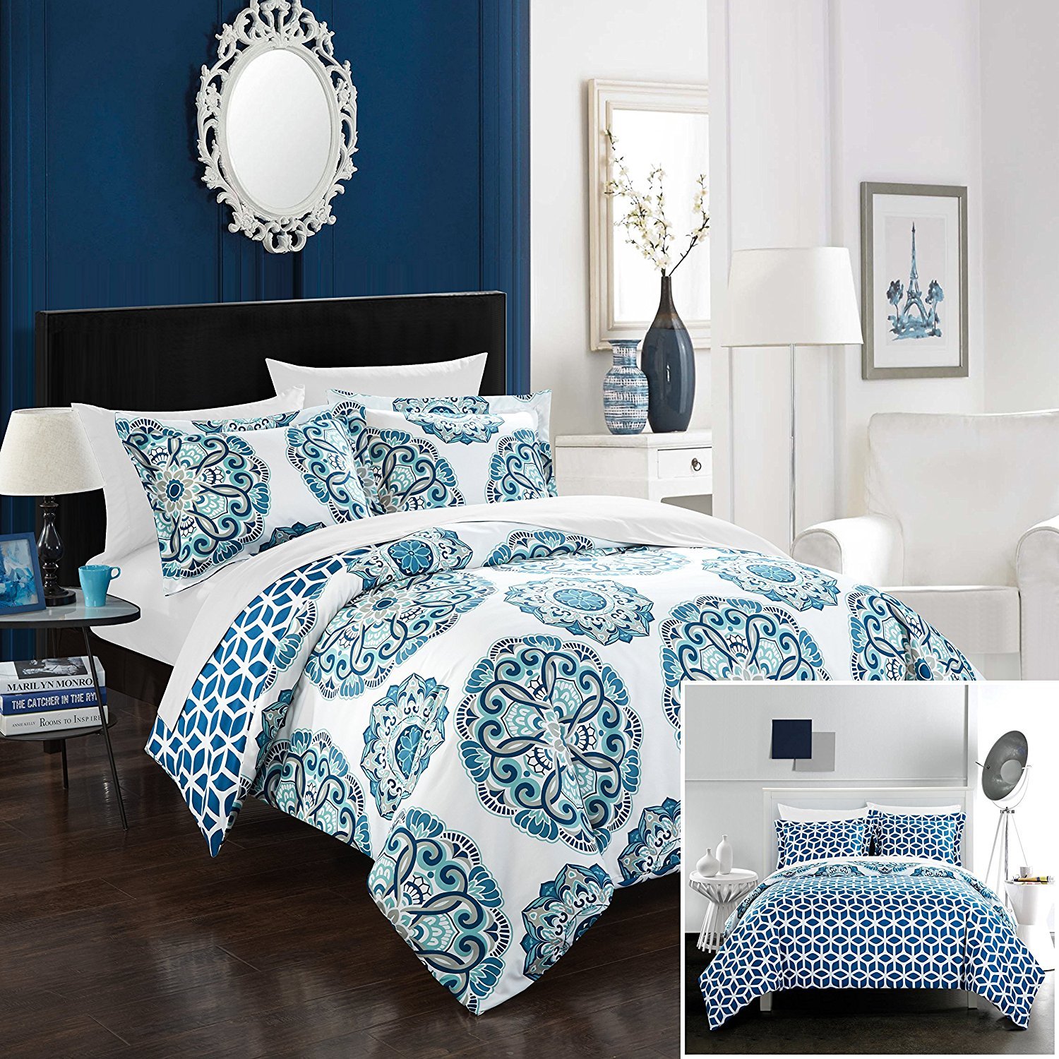 Chic Home Blue Reversible Bed in a Bag Duvet Cover Set, Full/Queen Size (3 Piece), Ibiza - Medallion Boho Pattern Microfiber Bedding with Geometric Printed Backing - Duvet & Pillow Shams