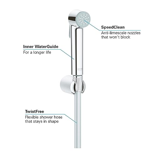 GROHE Vitalio Trigger Spray 30 - Wall Holder Set with Trigger Control Hand Shower (Hand Shower 36mm, TwistFree Shower Hose 1.25m, Wall Shower Holder 40mm), High Pressure Min. 1.0 Bar, Chrome, 26175001