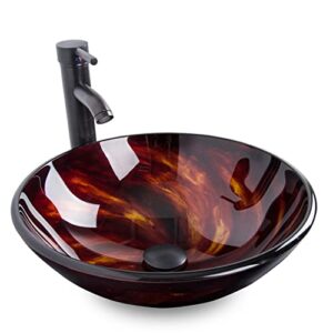 puluomis artistic vessel sink bathroom tempered glass vanity round bowl with oil rubber bronze faucet and pop up drain combo, flame red