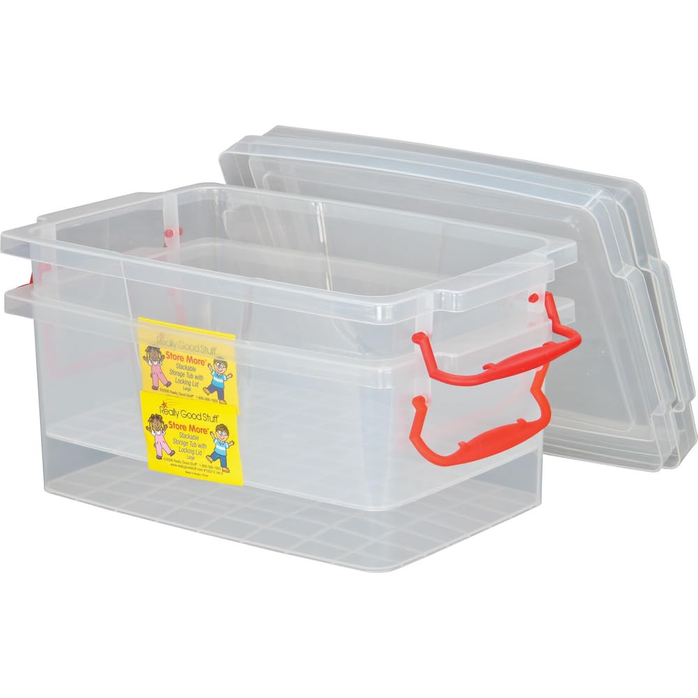 Really Good Stuff Stackable Large Storage Tubs with Locking Lids, 13" x 8 1/4" x 5 3/4" - 2 Pack, Clear | Stackable Storage Plastic Bins for Classroom, Home Storage, Office & Hospital Supplies