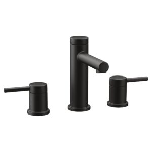 moen two handle widespread contemporary modern matte black bathroom sink faucet with drain kit perfect for countertop and wide spread bath setup, t6193bl