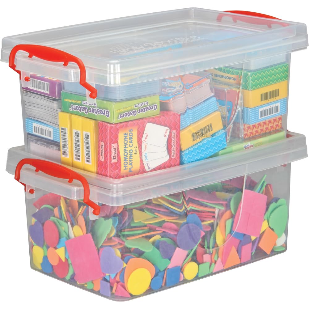 Really Good Stuff Stackable Large Storage Tubs with Locking Lids, 13" x 8 1/4" x 5 3/4" - 2 Pack, Clear | Stackable Storage Plastic Bins for Classroom, Home Storage, Office & Hospital Supplies