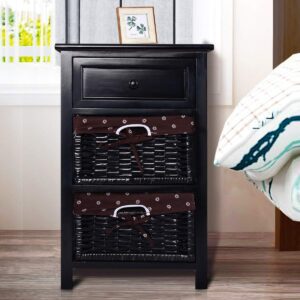 Giantex Wooden Nightstand 3 Tiers W/ 2 Baskets and 1 Drawer Bedside Sofa Storage Organizer for Home Living Room Bedroom End Table (1, Black)