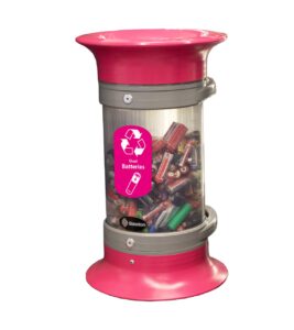 glasdon c-thru 5q battery collection tube (magenta) – small countertop battery recycling tube – transparent & pink 5q battery recycling bin