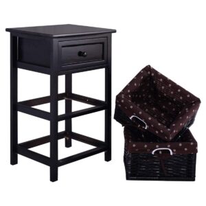 Giantex Wooden Nightstand 3 Tiers W/ 2 Baskets and 1 Drawer Bedside Sofa Storage Organizer for Home Living Room Bedroom End Table (1, Black)