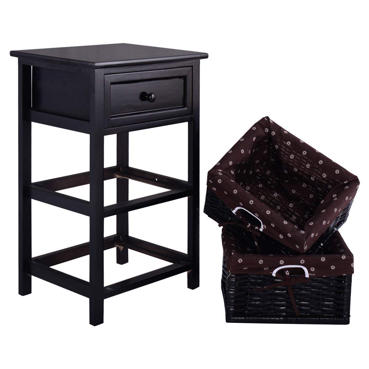 Giantex Wooden Nightstand 3 Tiers W/ 2 Baskets and 1 Drawer Bedside Sofa Storage Organizer for Home Living Room Bedroom End Table (1, Black)