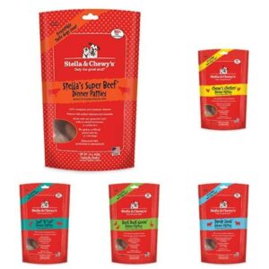 stella & chewy's freeze-dried raw dinner patties dog food variety pack of 5 (beef, chicken, duck, lamb and surf n' turf), 15 oz. each