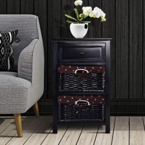 Giantex Wooden Nightstand 3 Tiers W/ 2 Baskets and 1 Drawer Bedside Sofa Storage Organizer for Home Living Room Bedroom End Table (1, Black)