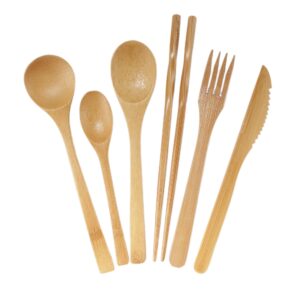 bamboomn organic reusable bamboo utensil set 3 spoons fork knife and chopsticks - 2 sets