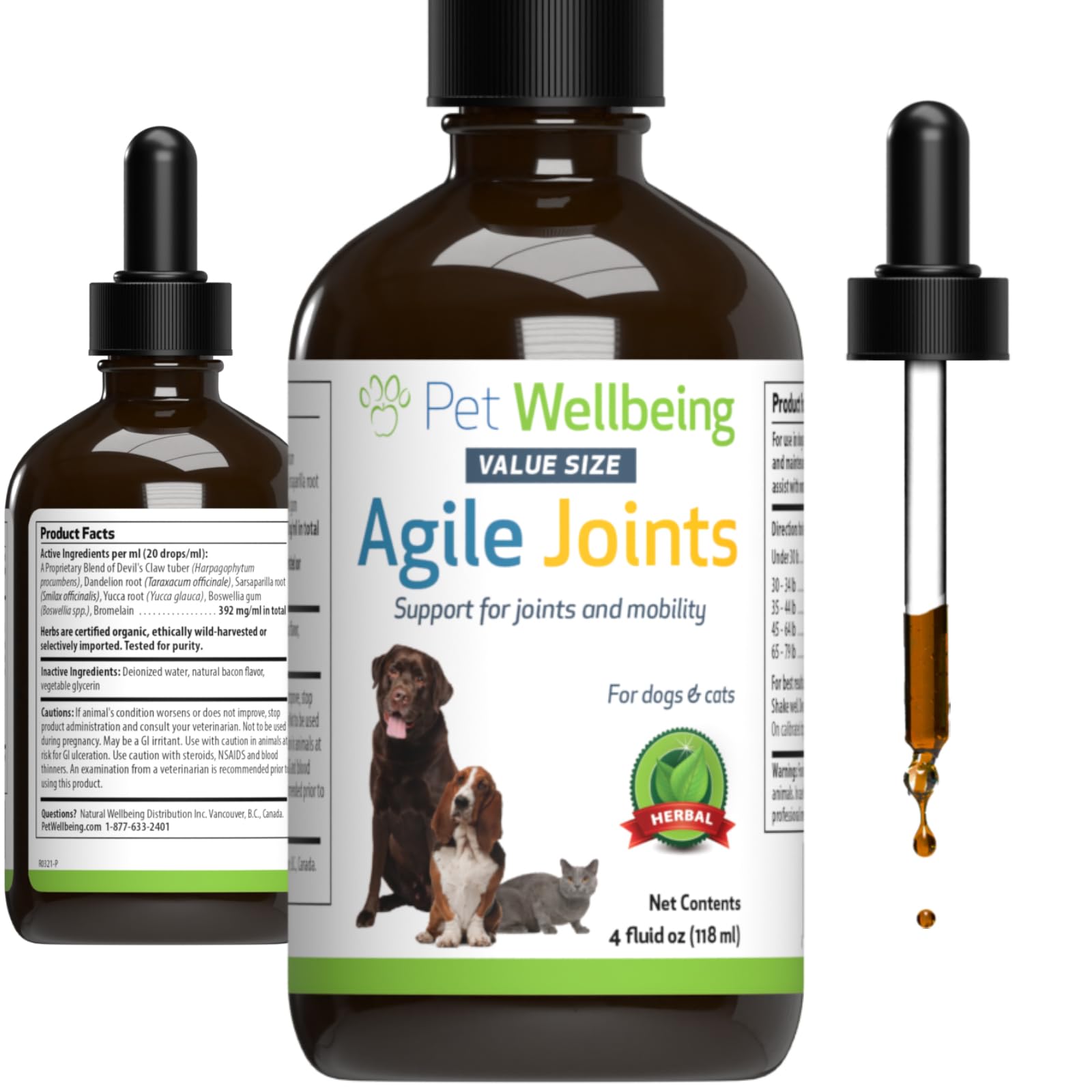 Pet Wellbeing Agile Joints for Dogs - Hip and Joint Health, Mobility, Devil’s Claw, Boswellia, Joint Ligament and Cartilage - Veterinarian-Formulated Herbal Supplement 4 oz (118 ml)