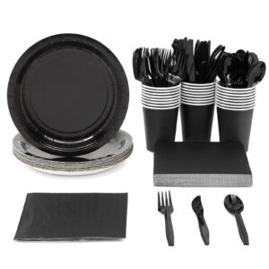 juvale 144 piece black party supplies - serves 24 disposable black paper plates, napkins, cups, and cutlery, ideal party table decorations for birthdays, halloween parties & graduation