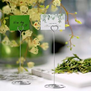 Jofefe 10pcs 8.6" Tall Place Card Holders Table Number Stand Table Card Holders Table Picture Holder Wire Photo Holder with Heart Shape Menu Memo Clips for Wedding Favors, Silver