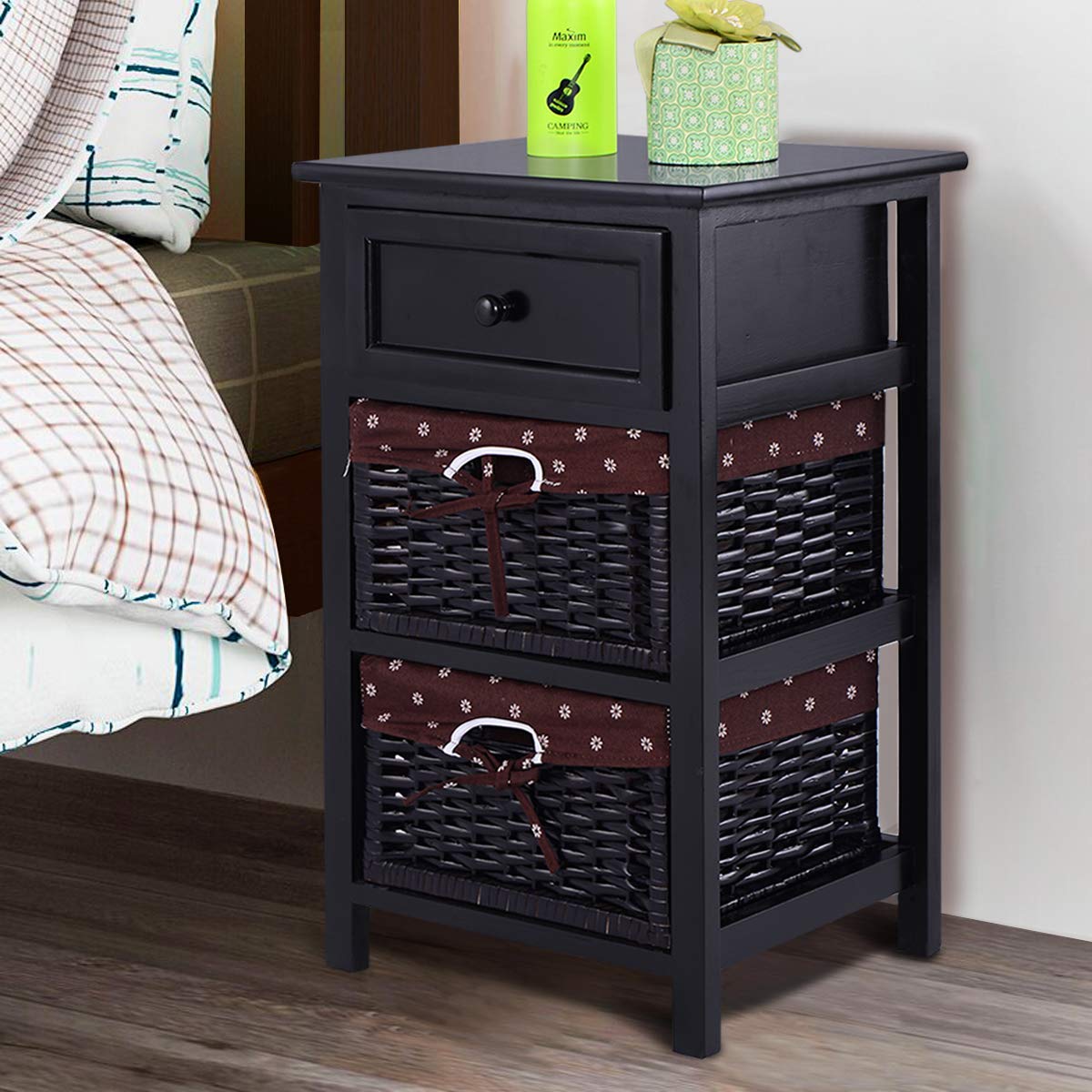 Giantex Wooden Nightstand 3 Tiers W/ 2 Baskets and 1 Drawer Bedside Sofa Storage Organizer for Home Living Room Bedroom End Table (1, Black)