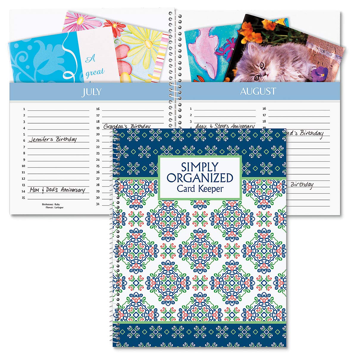 Fresh Patterns Greeting Card Organizer Book - Monthly Birthday & Occasion Reminder Pocket Pages, Card Keeper, Softcover, 8" x 10", Spiral Bound