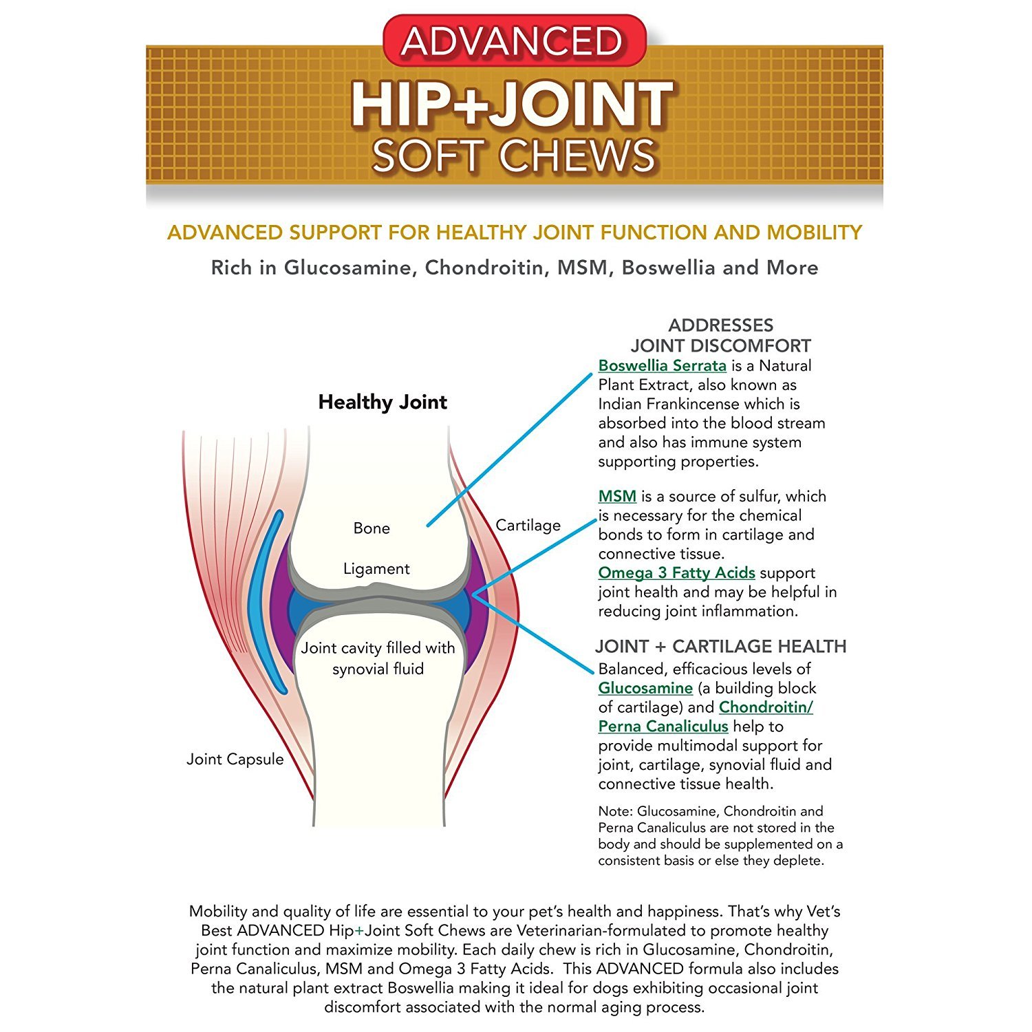 Vet's Best (3 Pack) Advanced Hip & Joint Soft Chews Dog Supplements, Each a 30 Day Supply