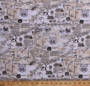 cotton vintage route 66 map newspaper print road signs roads road trip travel cotton fabric print by the yard (c7529)