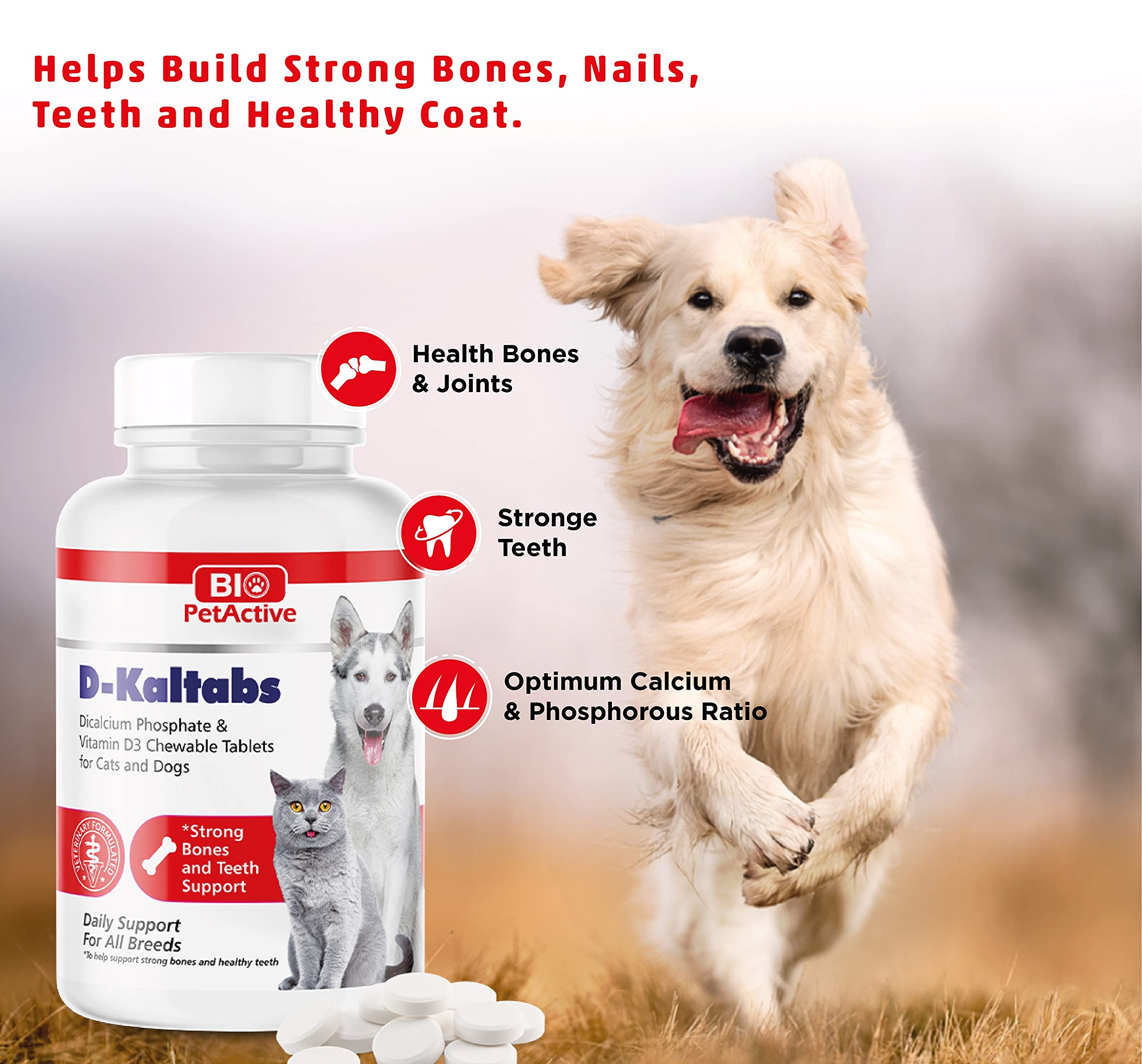 D-Kaltabs Phosphorus, Calcium Vitamin D3 Supplement for Dogs & Cats, Prenatal Pet Vitamins, Daily Pet-Tabs, Strong Nail, Teeth Support, 84 Chewable Tablets