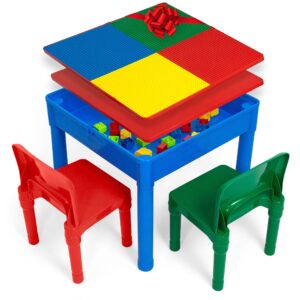 play platoon 5 in 1 kids activity table and chair set- stem table for toddlers with water table, building block table, craft & sensory table for toddlers with 2 chairs & 25 xl blocks yellow red green