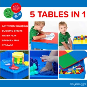 Play Platoon 5 in 1 Kids Activity Table and Chair Set- Stem Table for Toddlers with Water Table, Building Block Table, Craft & Sensory Table for Toddlers with 2 Chairs & 25 XL Blocks Yellow Red Green