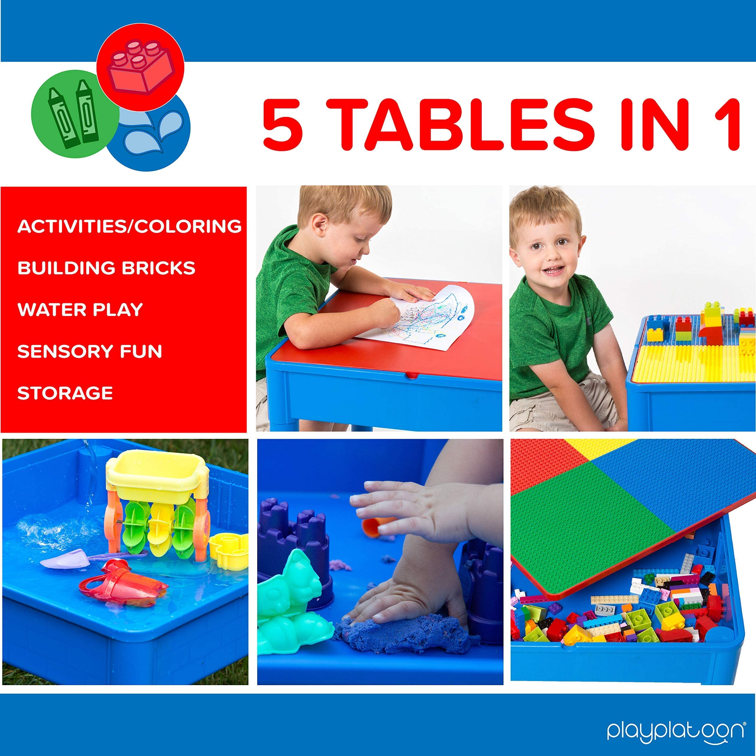 Play Platoon 5 in 1 Kids Activity Table and Chair Set- Stem Table for Toddlers with Water Table, Building Block Table, Craft & Sensory Table for Toddlers with 2 Chairs & 25 XL Blocks Yellow Red Green